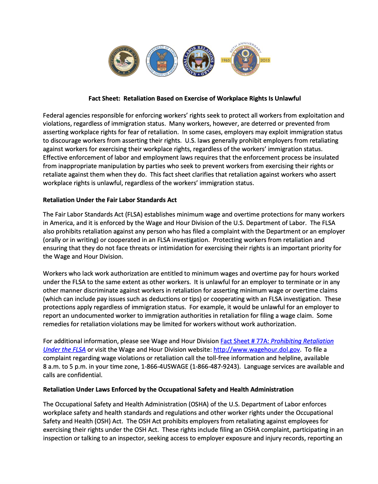 Joint DOJ-DOL-NLRB-EEOC Fact Sheet: Retaliation Based on Exercise of ...