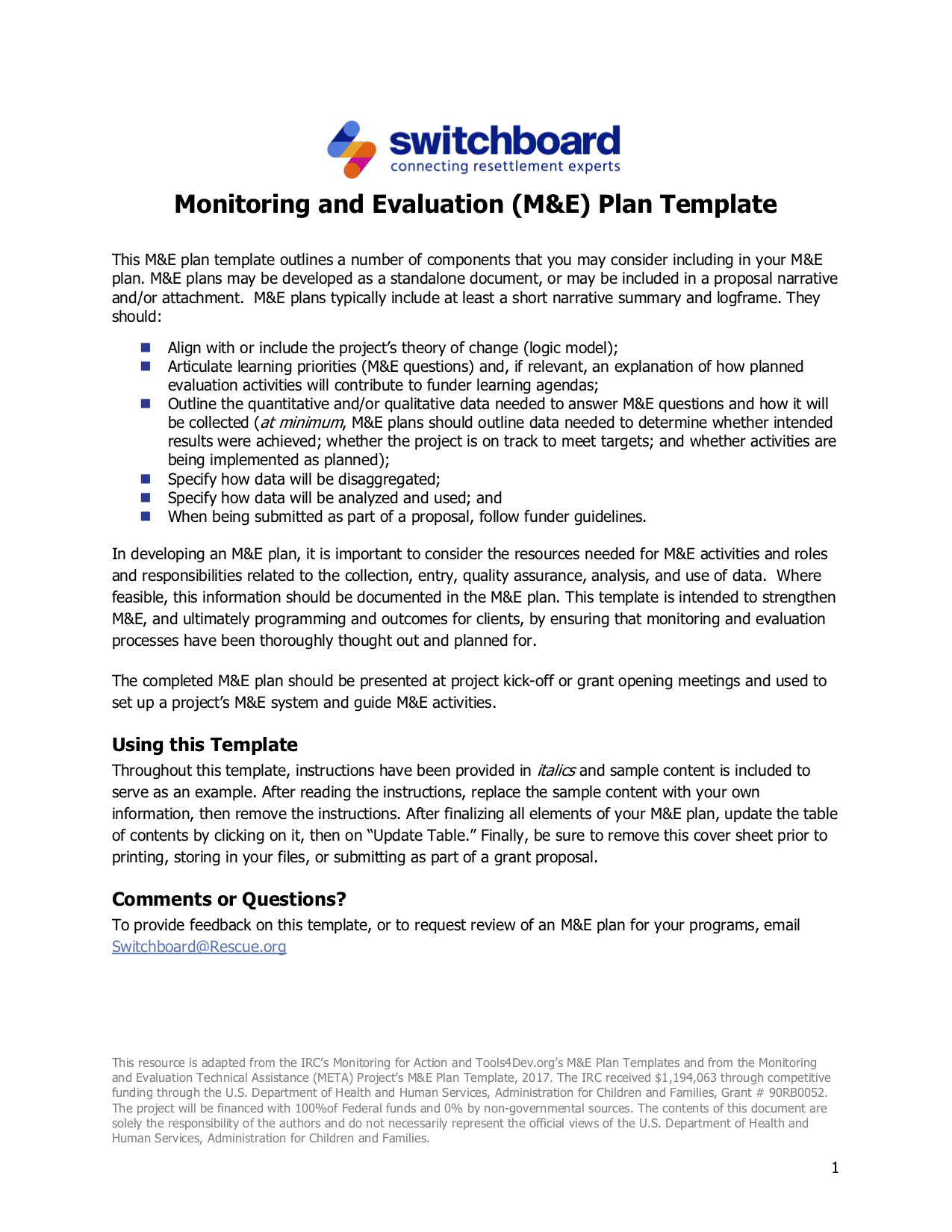 M&E Plan Template and Checklist - Switchboard