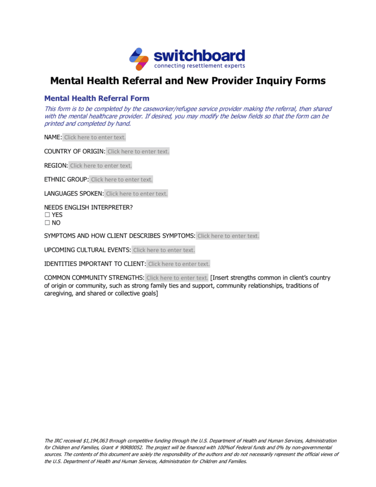 Mental Health Referral and New Provider Inquiry Forms - Switchboard