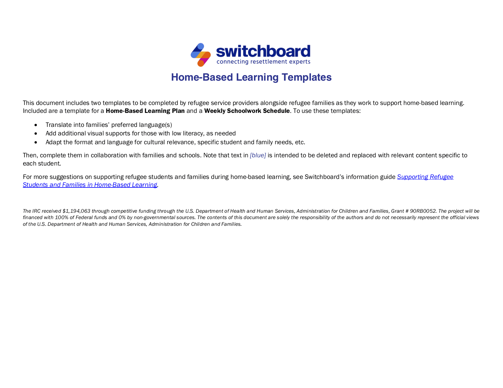 Home-Based Learning Templates - Switchboard