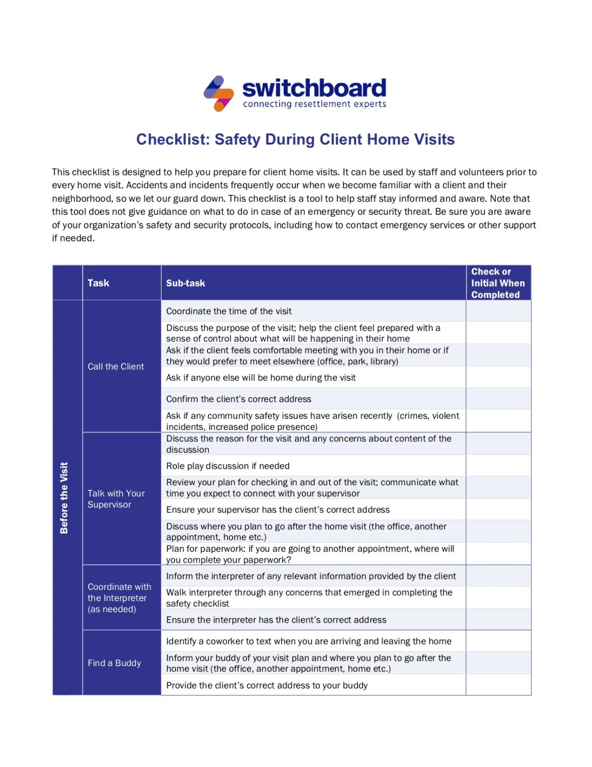 Safety During Client Home Visits Checklist - Switchboard