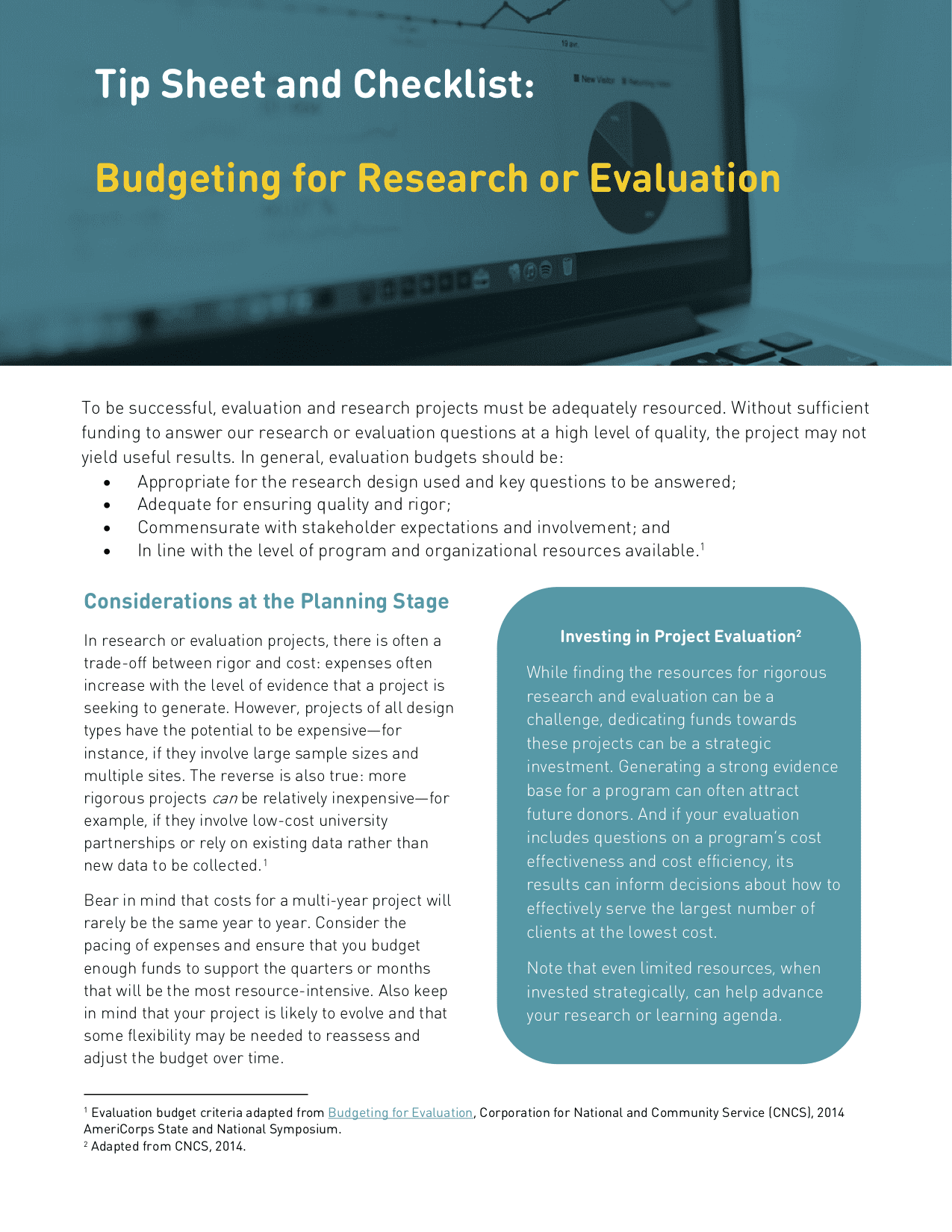 Budgeting for Research and Evaluation Tipsheet & Checklist - Switchboard