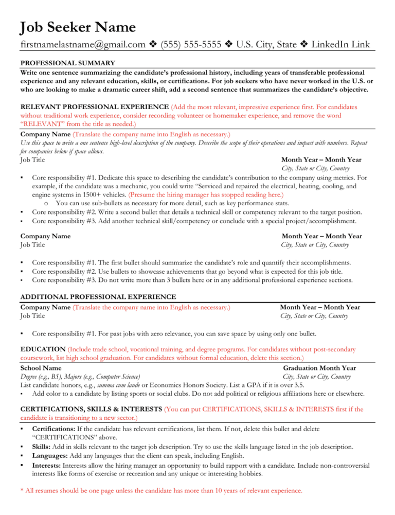 Creating High Quality Newcomer Resumes: Template and Sample - Switchboard