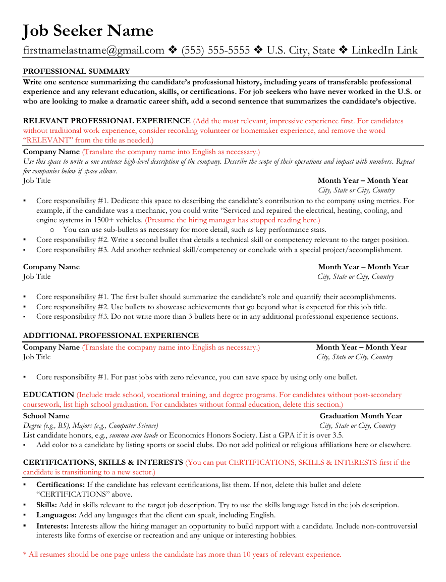 Creating High Quality Newcomer Resumes: Template and Sample - Switchboard