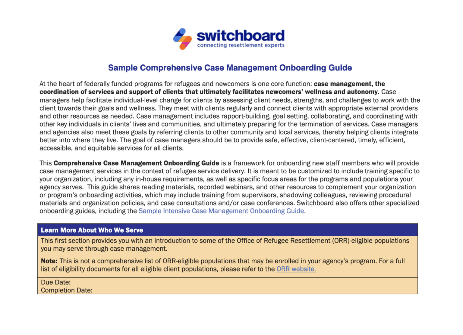 Sample Comprehensive Case Management Onboarding Guide - Switchboard