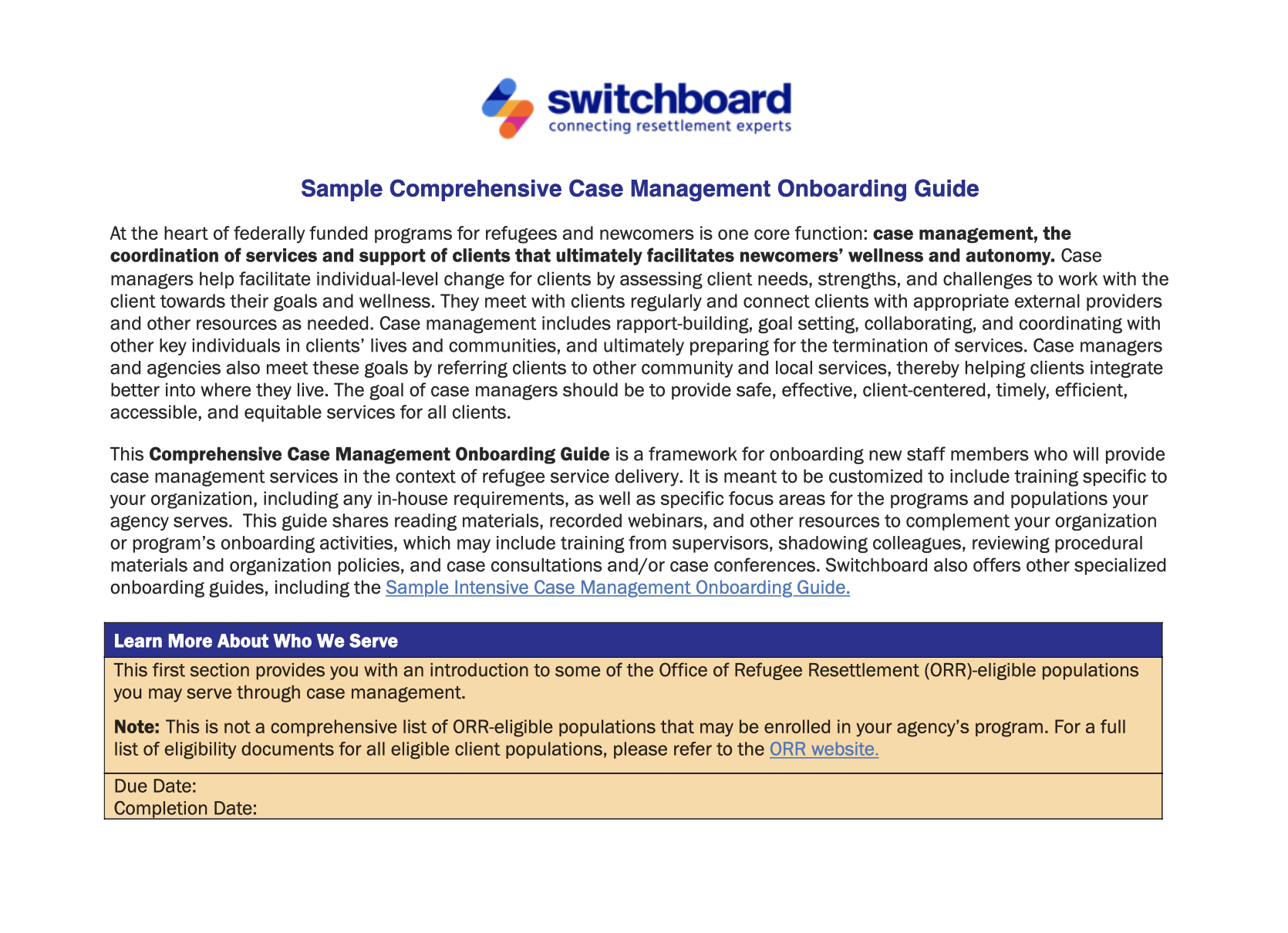 Sample Comprehensive Case Management Onboarding Guide - Switchboard