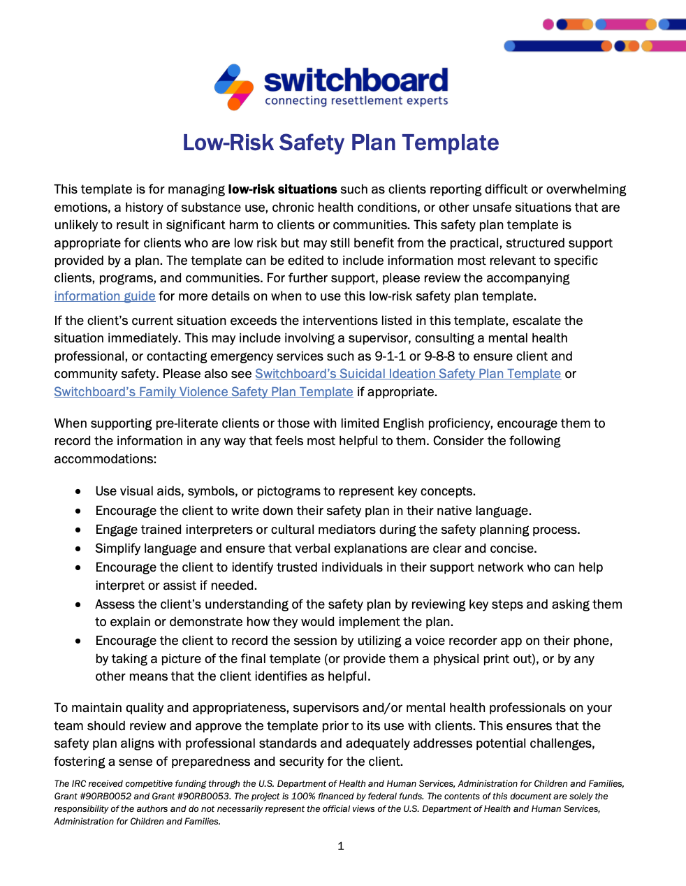 Low-Risk Safety Plan - Switchboard