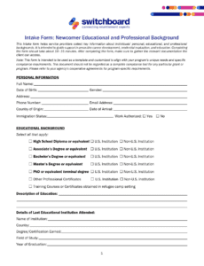 Intake Form: Newcomer Educational and Professional Background - Switchboard