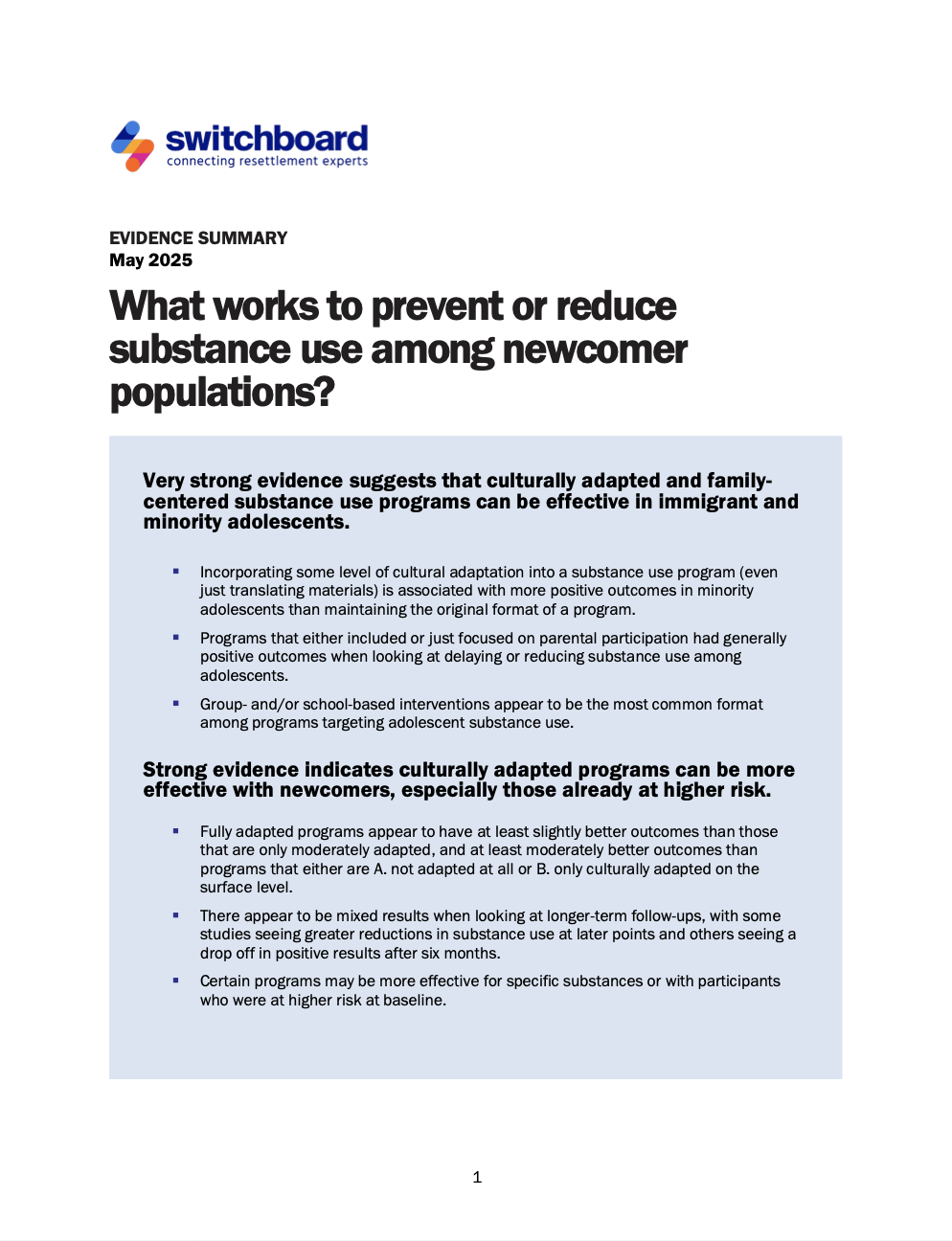 What works to prevent or reduce substance use among newcomer ...
